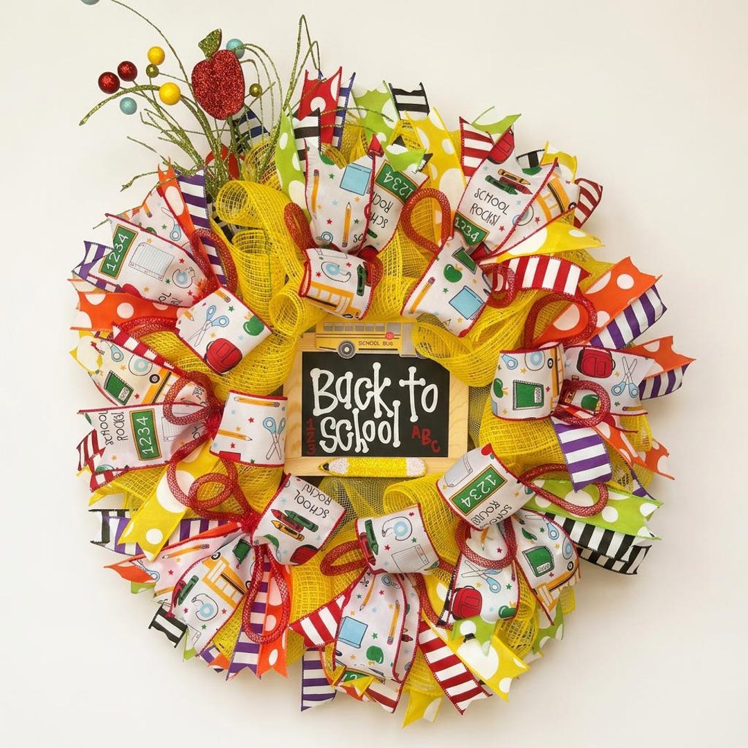 Back to School Deco Mesh Wreath | Teacher Classroom Door Decor With ...