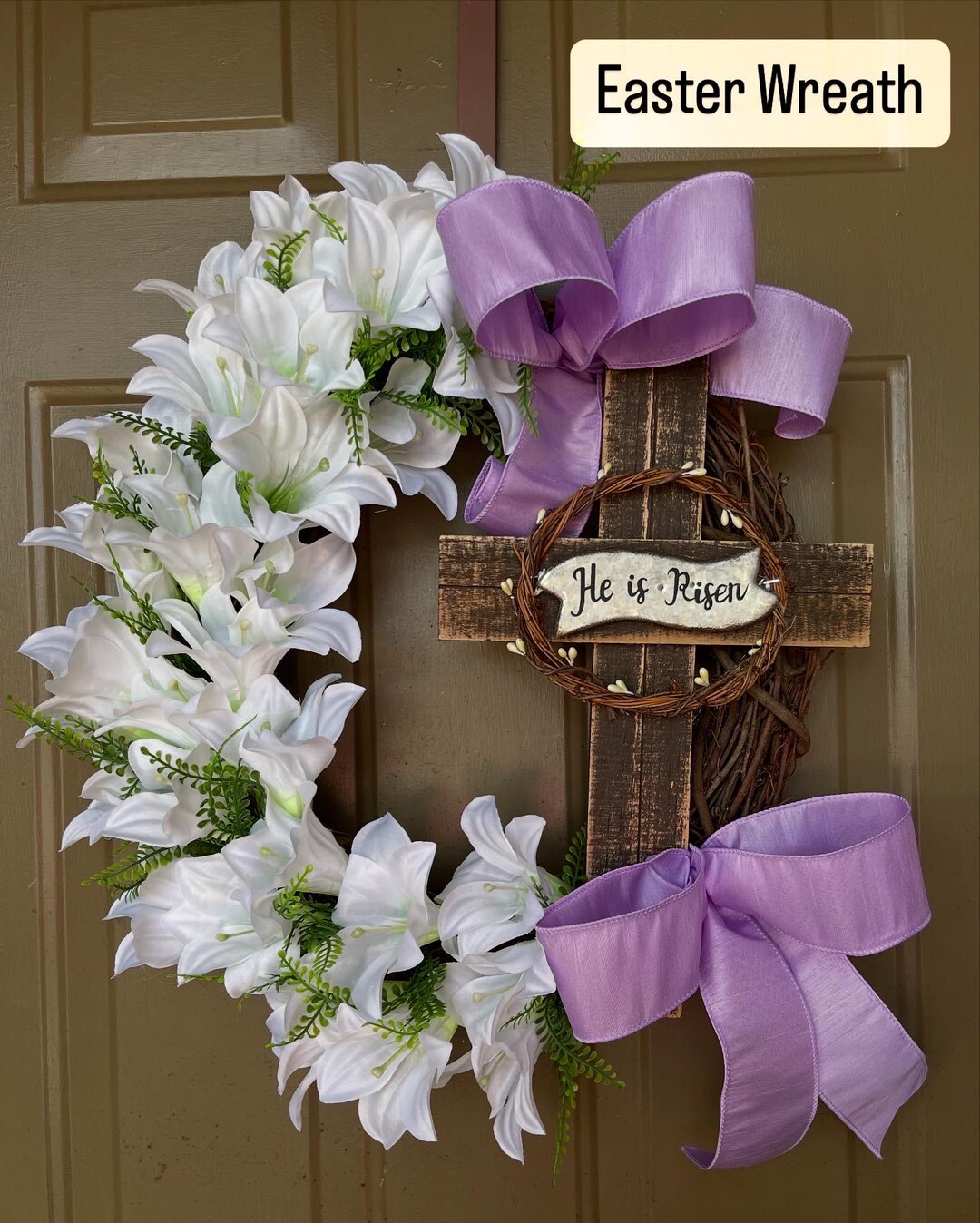 He is Risen Easter Wreath With White Lilies and Cross, Purple Bow ...
