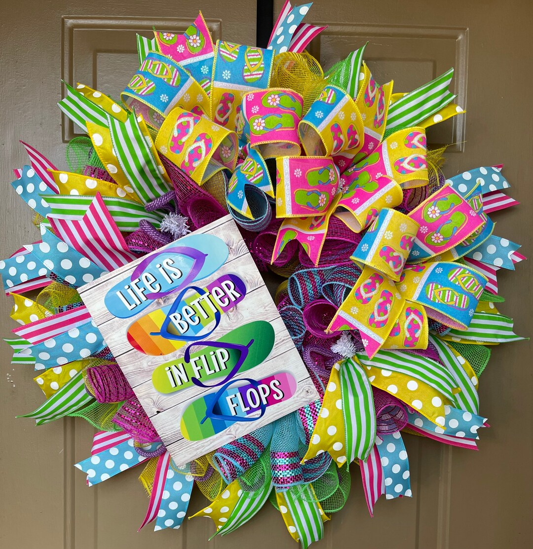 Summer Flip Flops Welcome Sign Everyday All Season Spring Summer Wreath ...