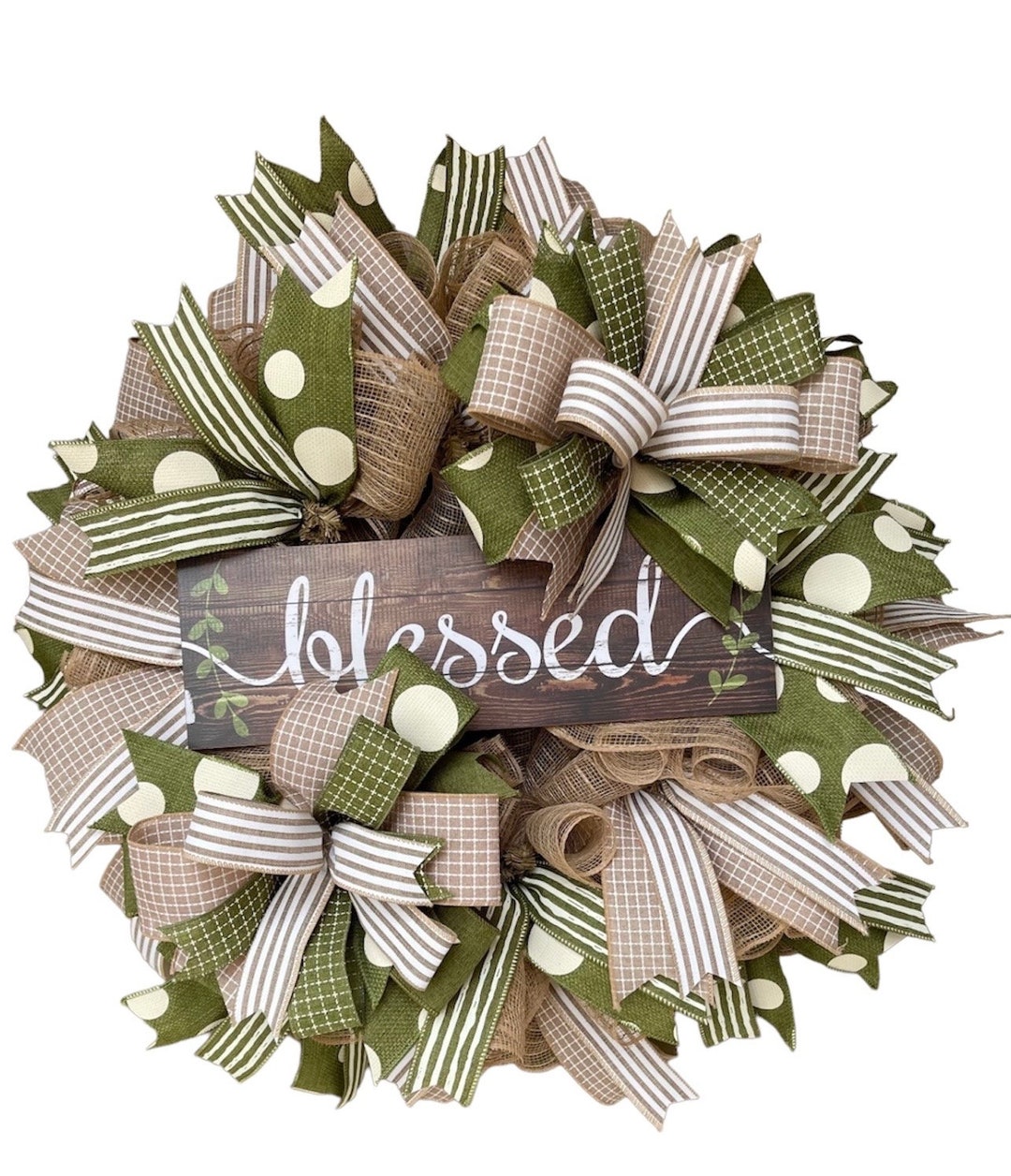 Blessed Green and Brown Rustic Farmhouse Wreath, Handmade Burlap Wreath ...