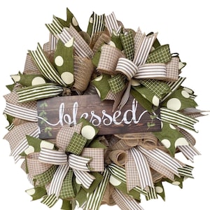 Blessed Green and Brown Rustic Farmhouse Wreath, Handmade Burlap Wreath ...