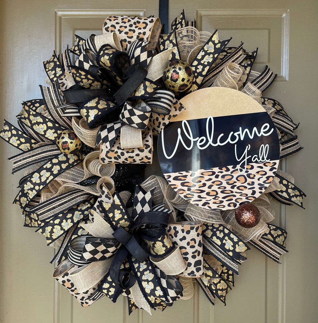 Leopard Print Fall Wreath: Handmade Burlap 'welcome Y'all' Door Decor ...