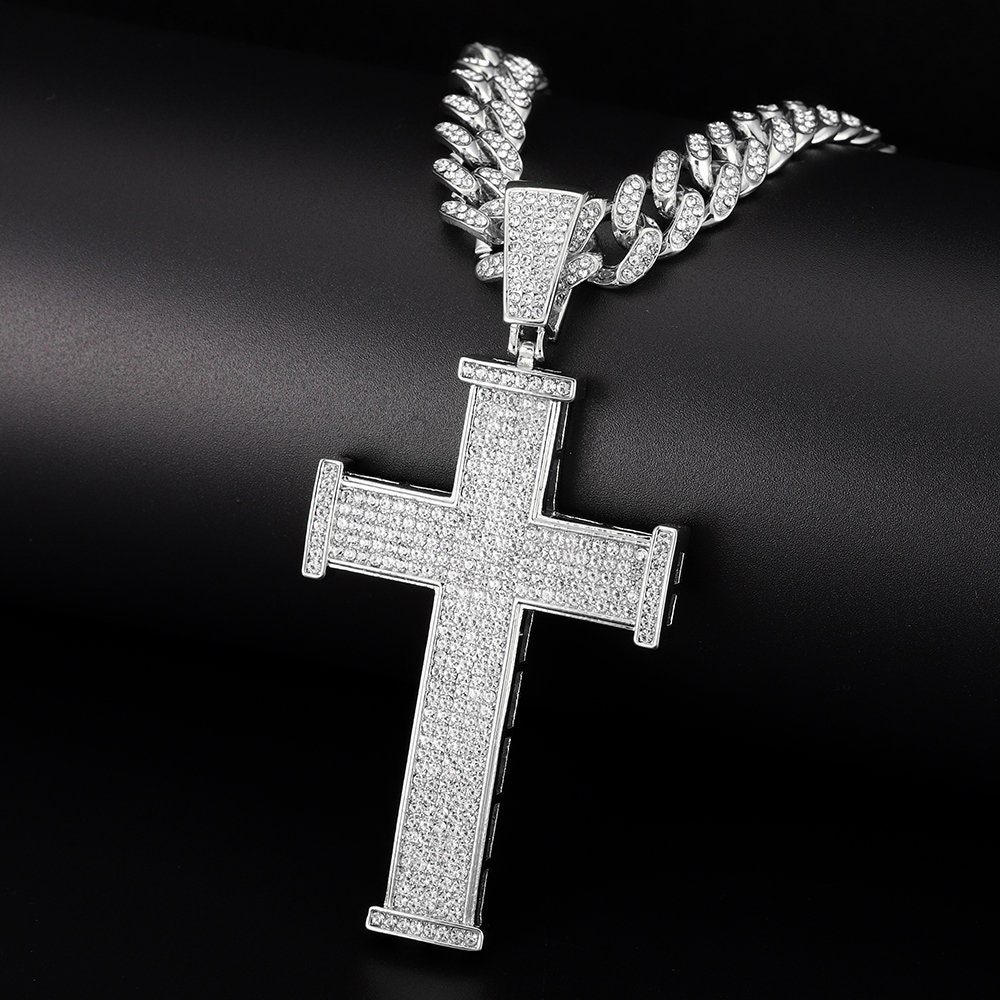 Hip Hop Iced Out Cross Necklace Pendant Men Silver Color Cuban - Etsy