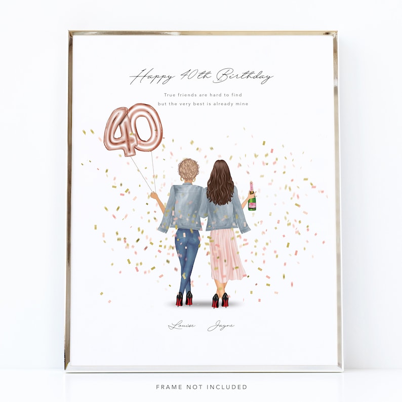 40th Birthday Friendship Gift, Custom Illustration of Best Friends ...