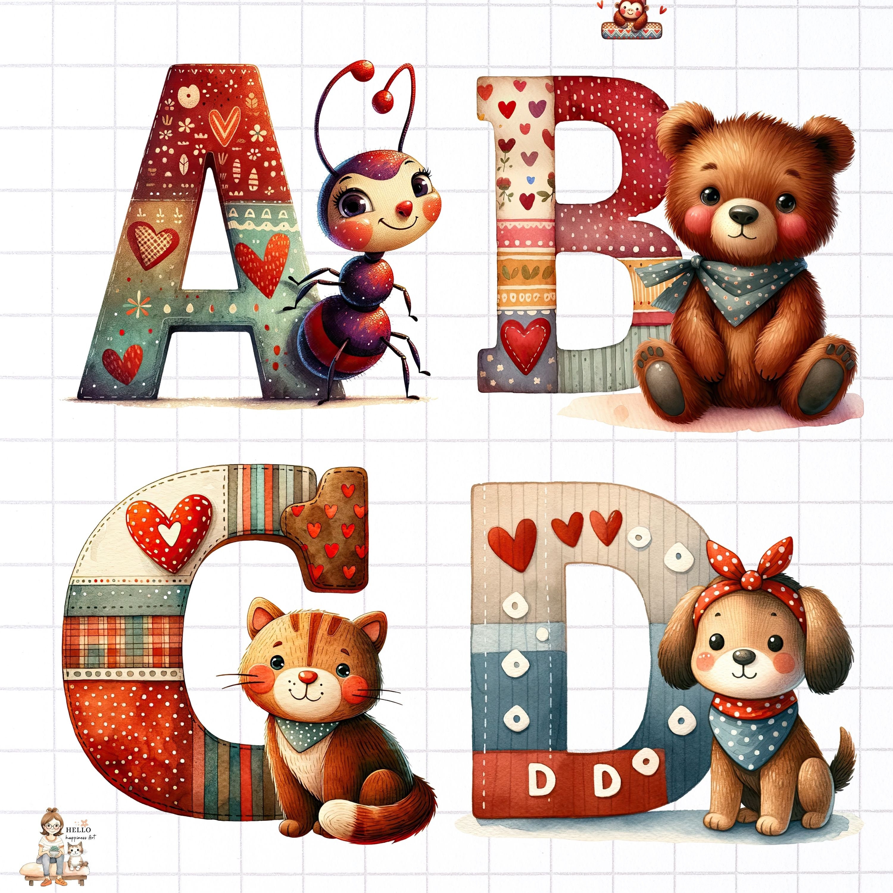 Cute Animals Watercolor Letters, Alphabet Clipart, Animals Alphabet ...