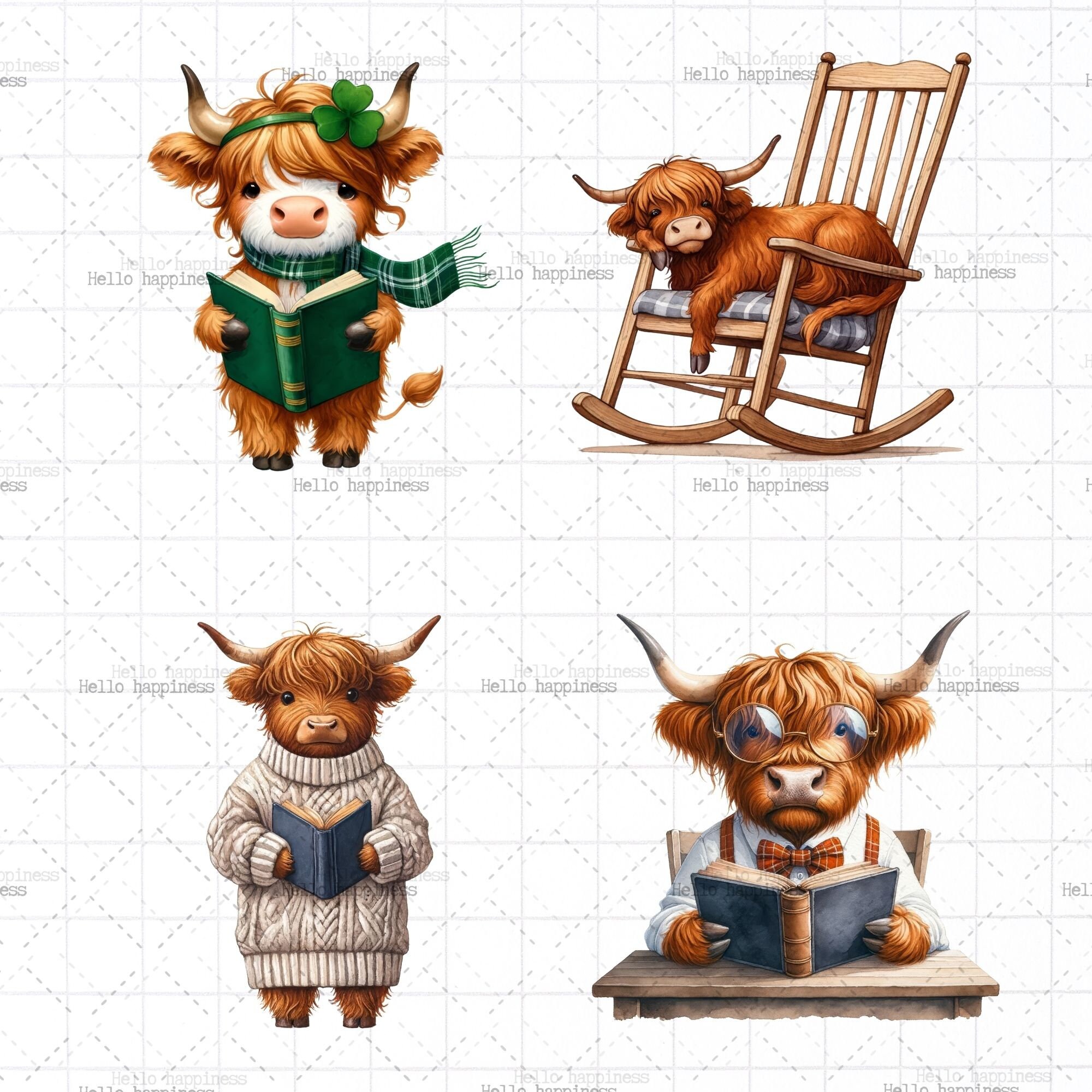 Highland Cow Read a Book, Little Cow With Book,watercolor Highland Cow ...