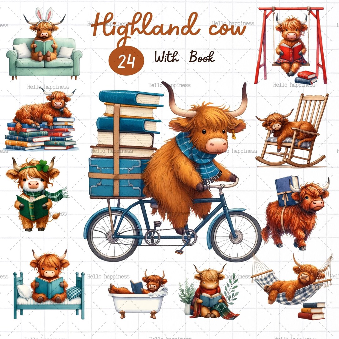 Highland Cow Read a Book, Little Cow With Book,watercolor Highland Cow ...