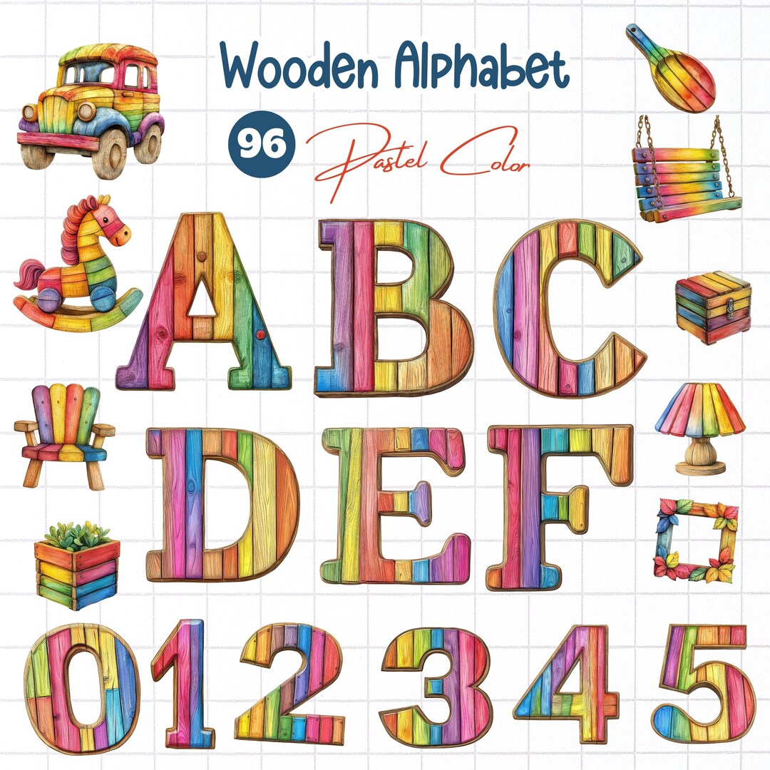 Colorful Wooden Alphabet Letters and Numbers Pastel Colors Clipart ...