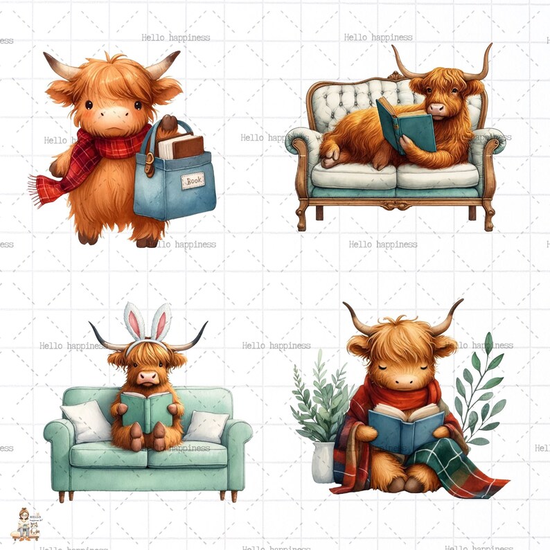 Highland Cow Read a Book, Little Cow With Book,watercolor Highland Cow ...