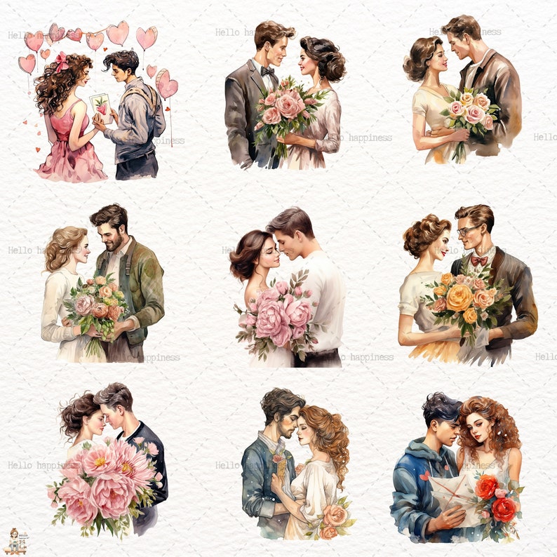 Couple 90's Style, Vintage Couple Clipart, Valentine Day, Watercolor ...