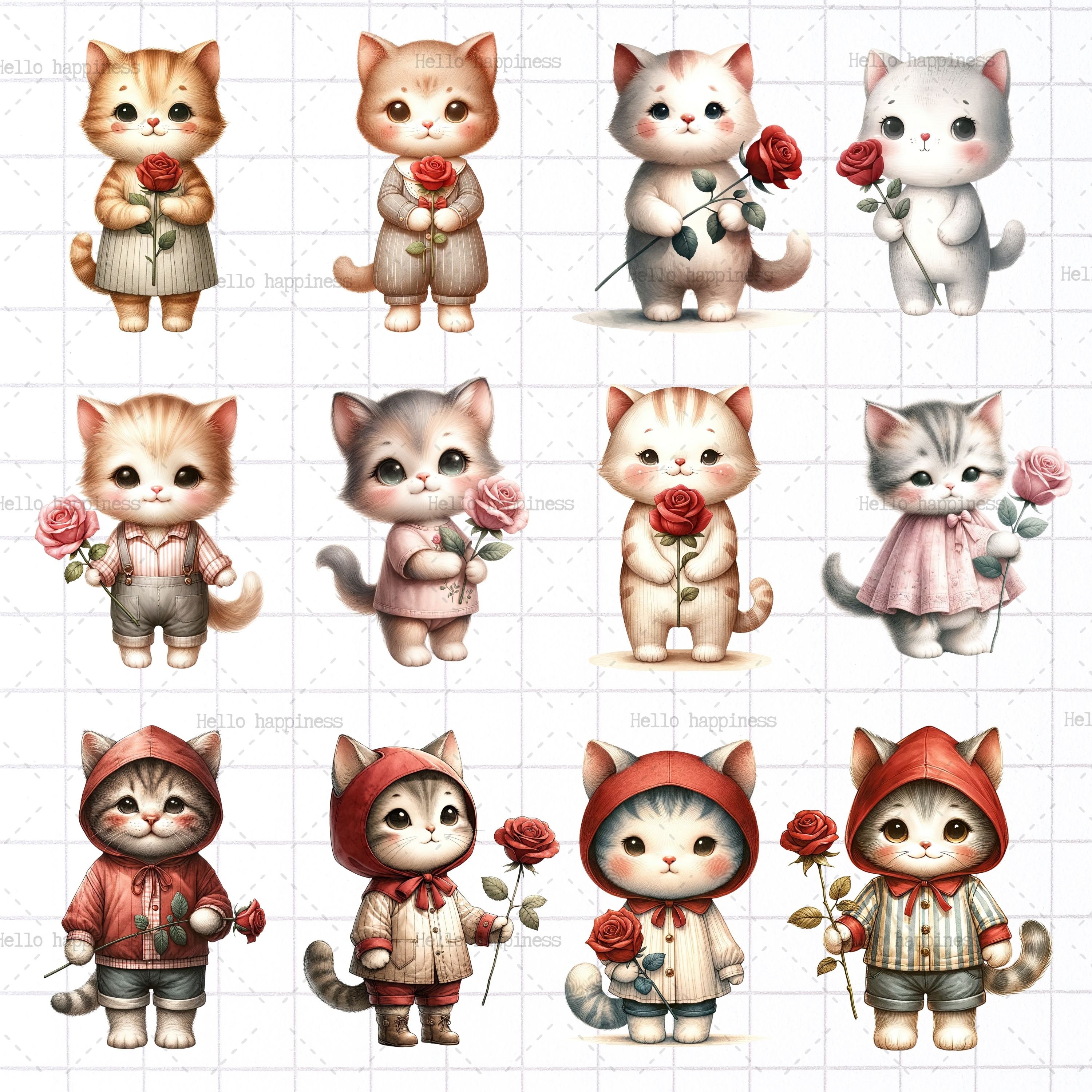 Cats Retro Clipart, Cat With Rose PNG, Cute Cats PNG, Cat Valentine ...
