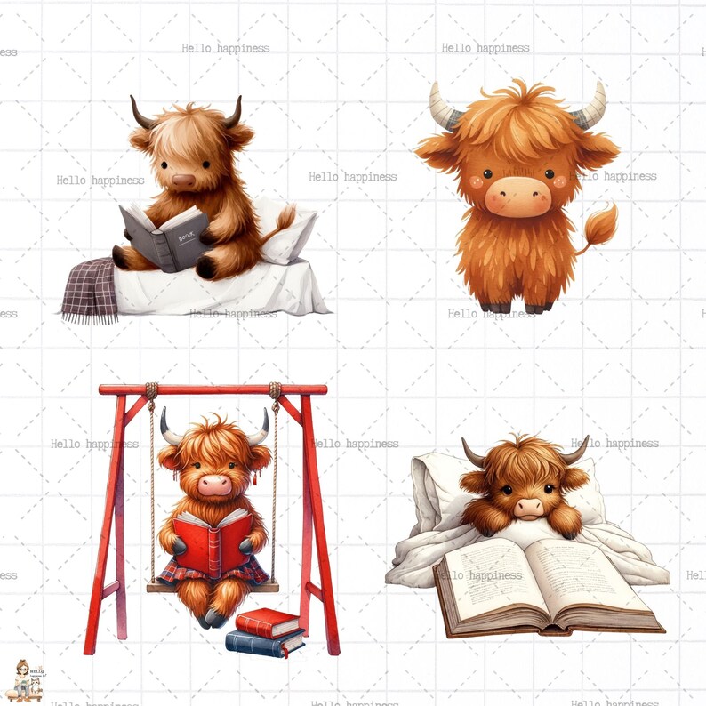 Highland Cow Read a Book, Little Cow With Book,watercolor Highland Cow ...