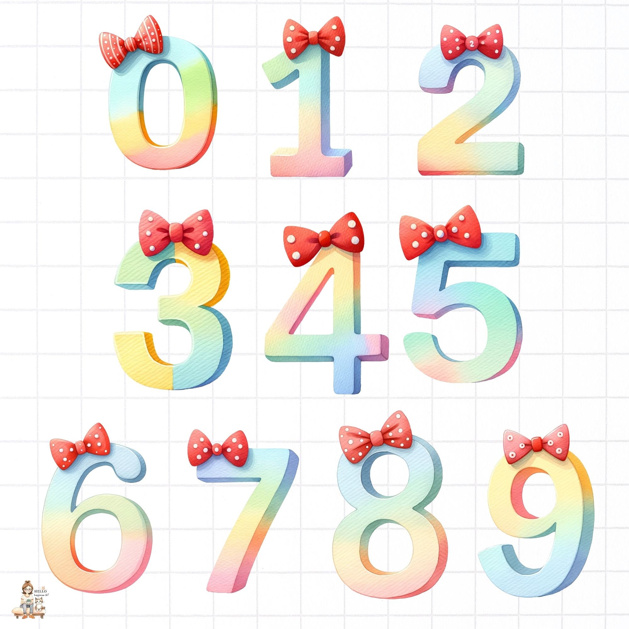 Alphabet Rainbow Clipart, Red Bow Clipart,watercolor Alphabet, Number ...