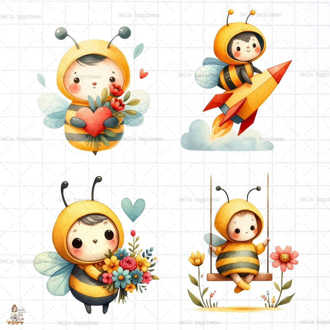 Cute Little Bee, Little Bee Clipart, Watercolor Animals Illustrations ...