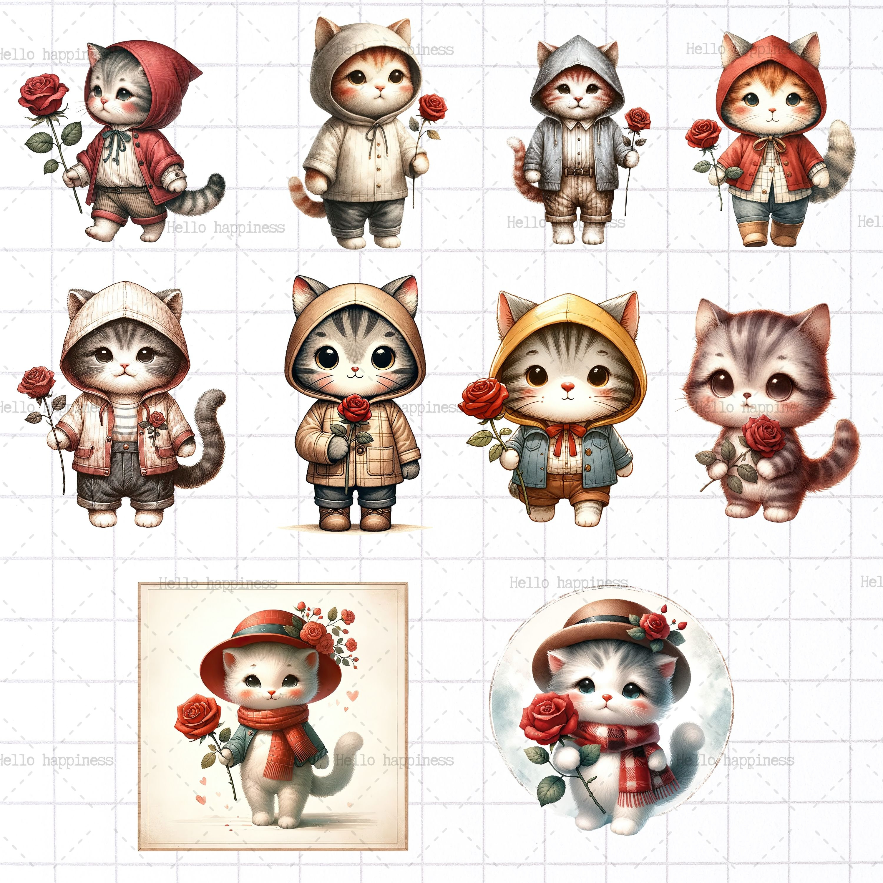 Cats Retro Clipart, Cat With Rose PNG, Cute Cats PNG, Cat Valentine ...