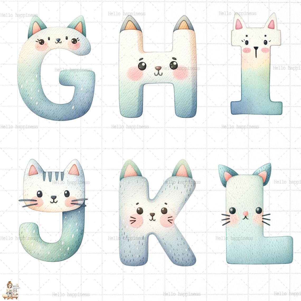 Alphabet Cat Face Clipart, Cute Cat Letter ,watercolor Alphabet, Number ...