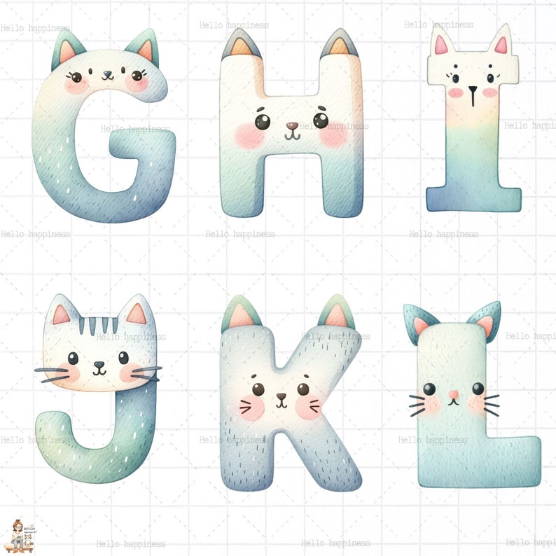 Alphabet Cat Face Clipart, Cute Cat Letter ,watercolor Alphabet, Number ...