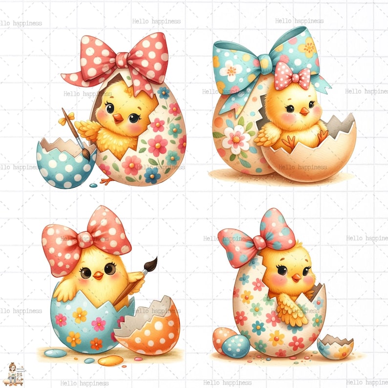 A Cute Cartoon Baby Chicken Wearing a Pink Bow is Sitting in a Broken ...