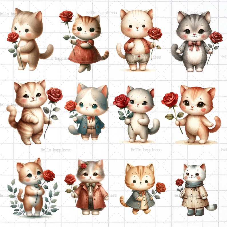 Cats Retro Clipart, Cat With Rose PNG, Cute Cats PNG, Cat Valentine ...