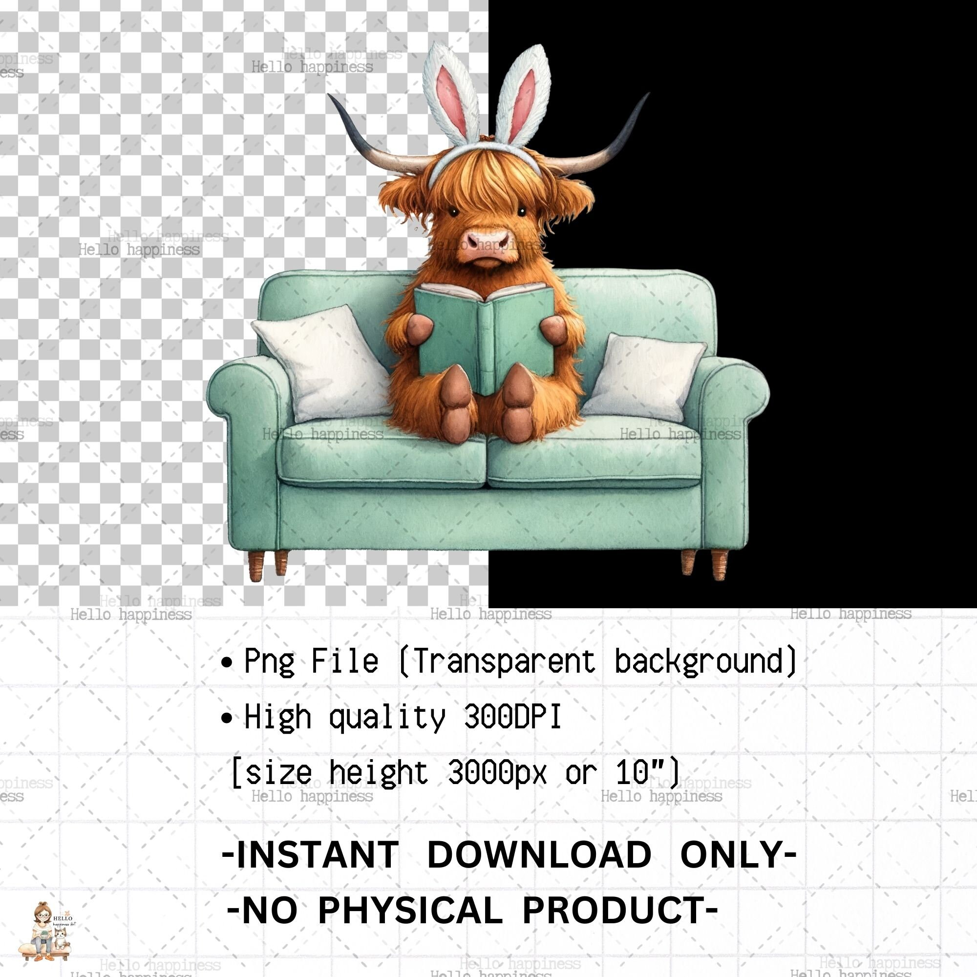 Highland Cow Read a Book, Little Cow With Book,watercolor Highland Cow ...