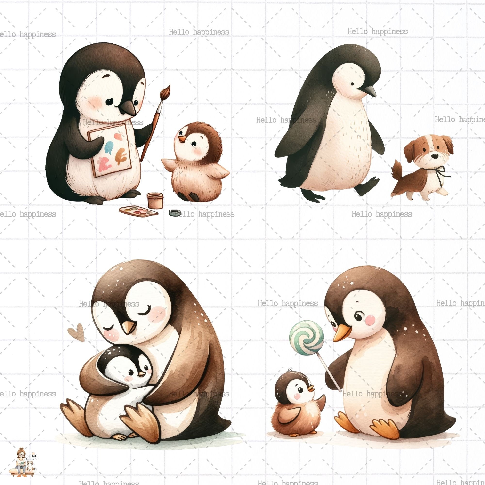 Mother and Baby Penguin, Little Penguin Clipart, Watercolor Penguin ...