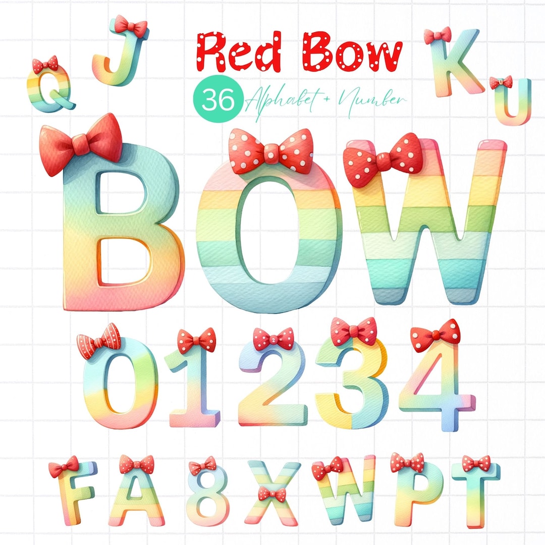 Alphabet Rainbow Clipart, Red Bow Clipart,watercolor Alphabet, Number ...