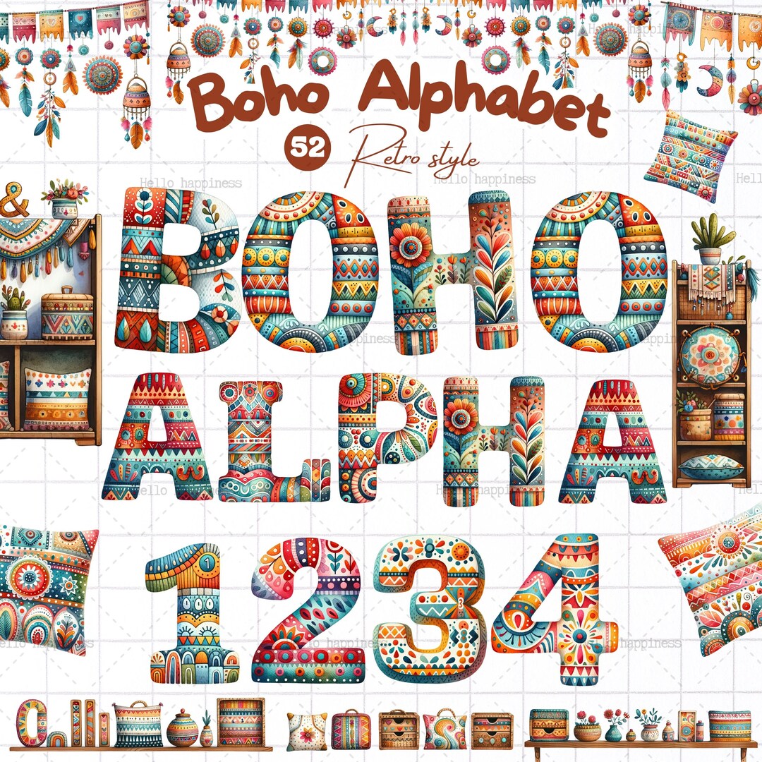 Boho Alphabet, Boho Letters , Boho Clipart, Boho Alphabet Clipart ...