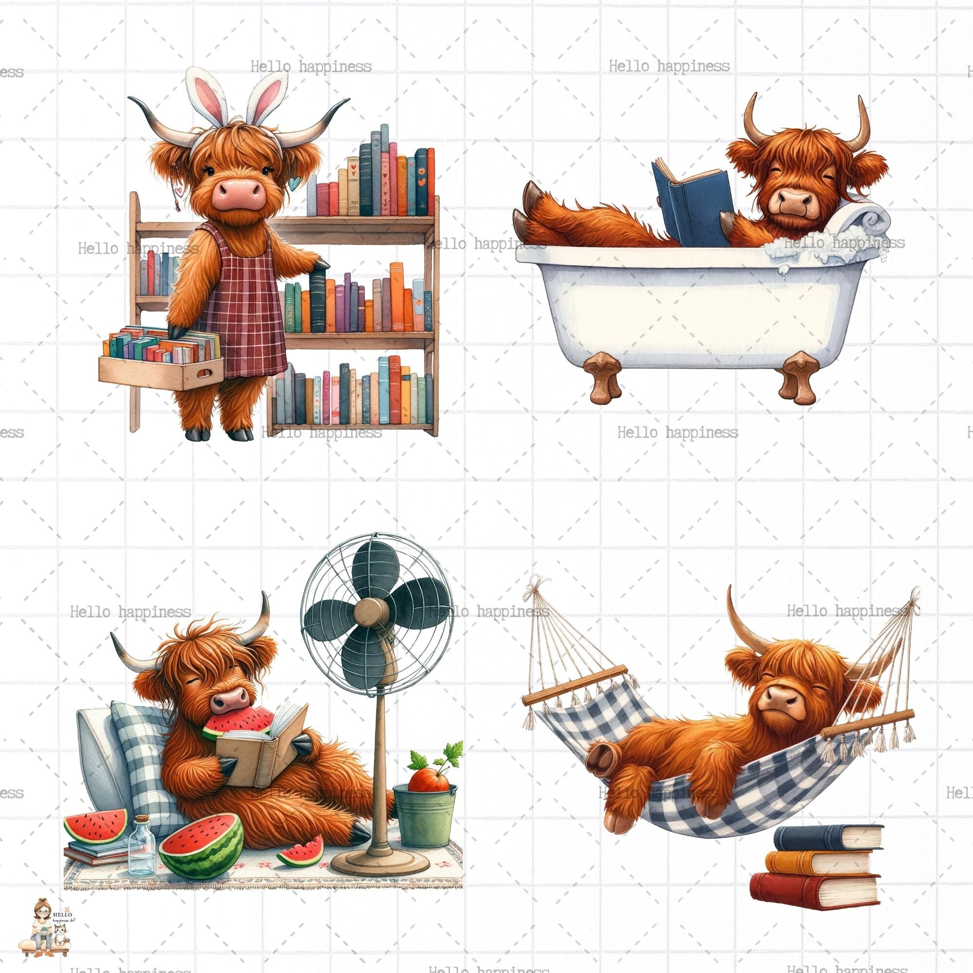 Highland Cow Read a Book, Little Cow With Book,watercolor Highland Cow ...