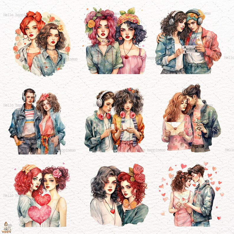 Couple 90's Style, Vintage Couple Clipart, Valentine Day, Watercolor ...