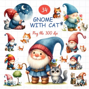 Watercolor Gnome With Cat, Cute Gnome, Cute Cat, Gnome and Pet Cat ...