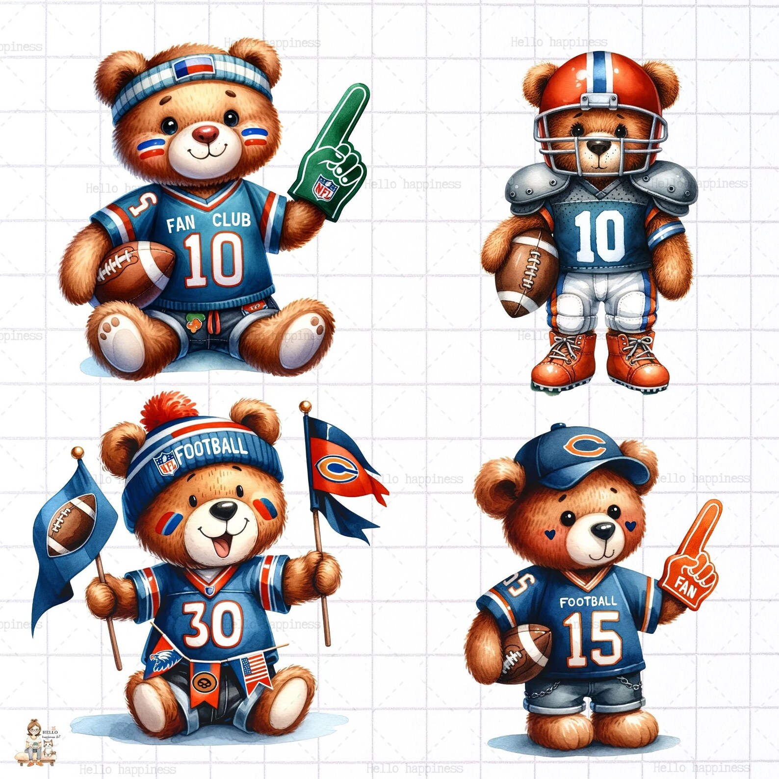 Cute Bear Watercolor American Football Clipart,little Bear,bear ...