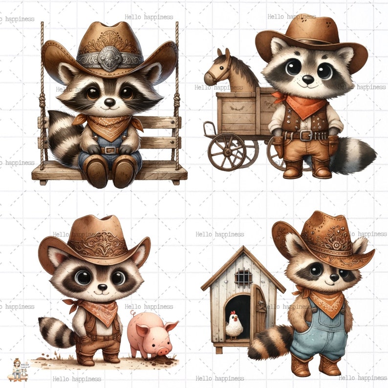 Raccoon Cowboy, Little Raccoon Clipart,watercolorraccoon Illustrations ...