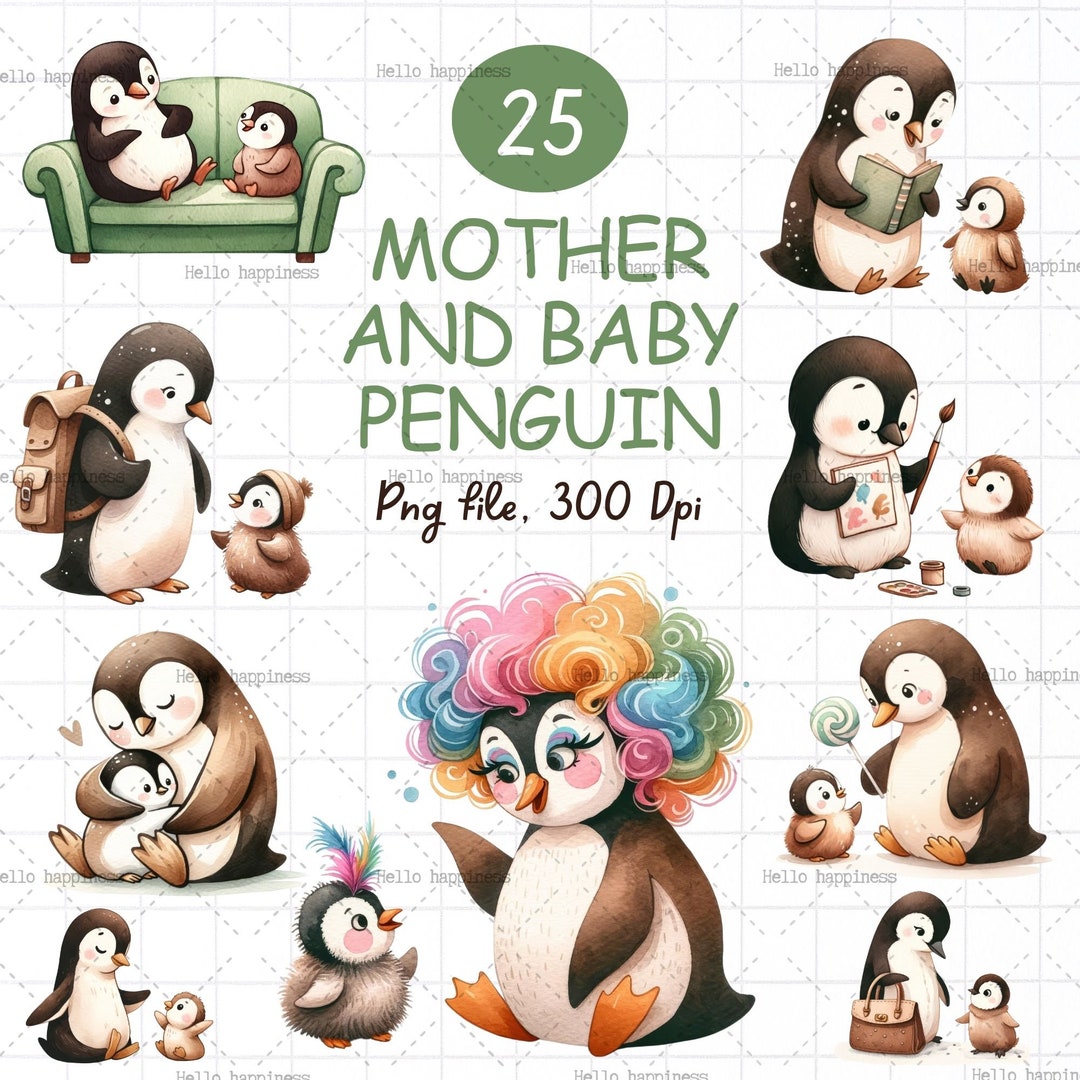 Mother and Baby Penguin, Little Penguin Clipart, Watercolor Penguin ...
