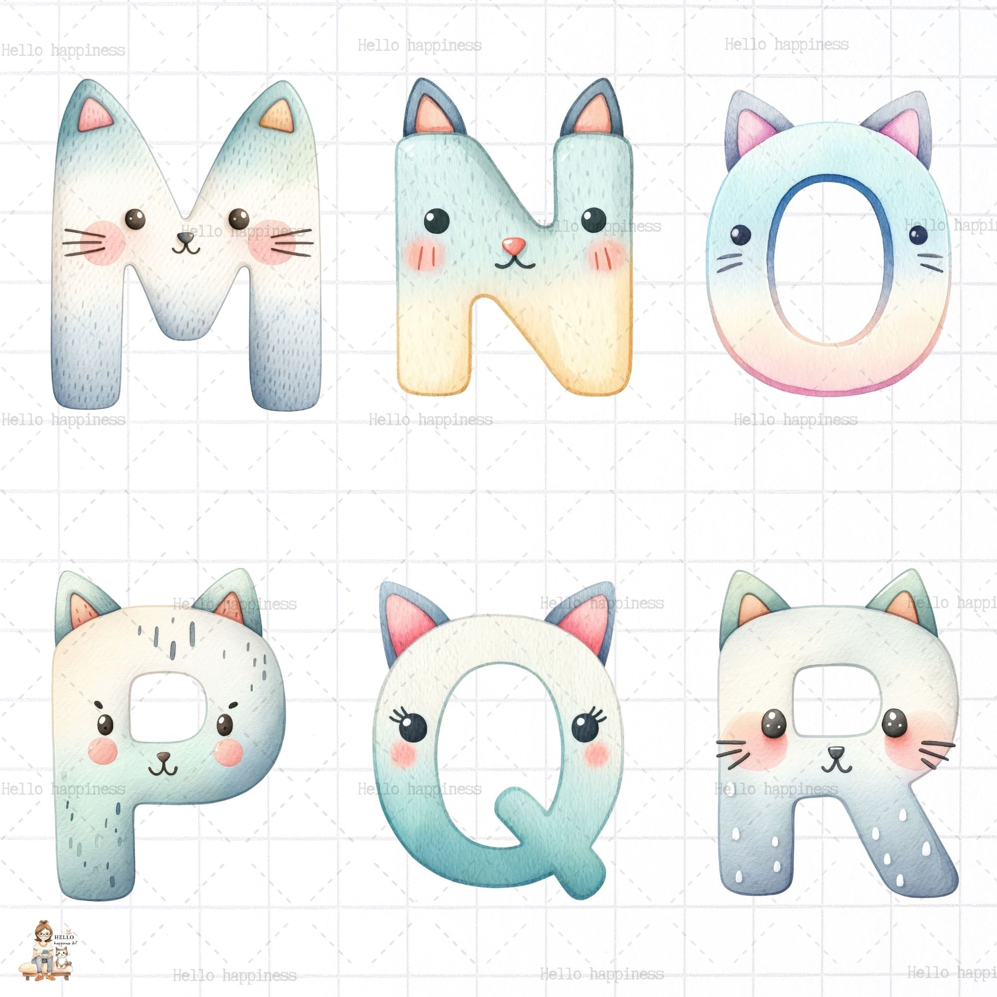 Alphabet Cat Face Clipart, Cute Cat Letter ,watercolor Alphabet, Number ...