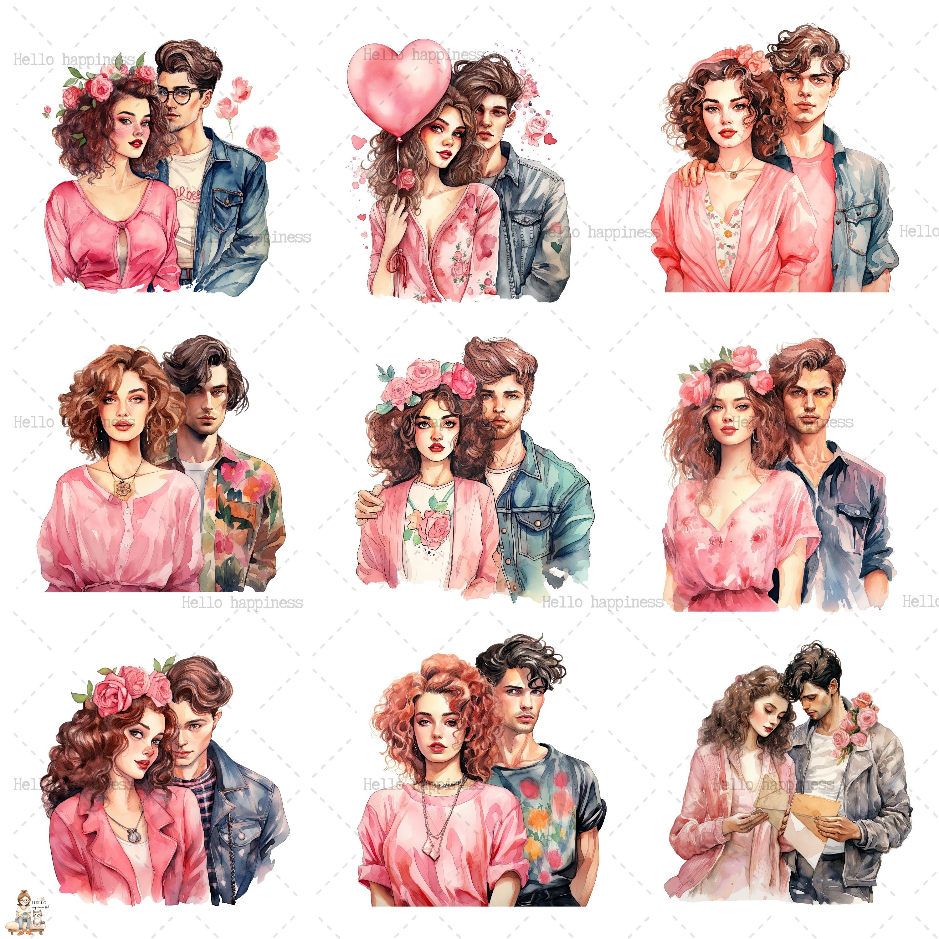 Couple 90's Style, Vintage Couple Clipart, Valentine Day, Watercolor ...