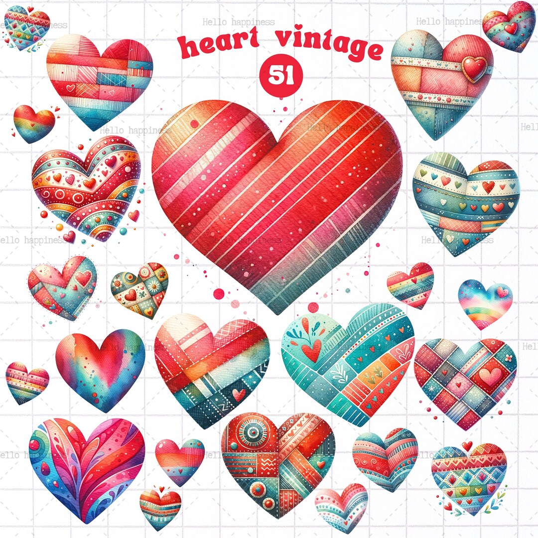 Heart Vintage Retro, Valentine Day, Heart Png, Heart Watercolor, Heart ...