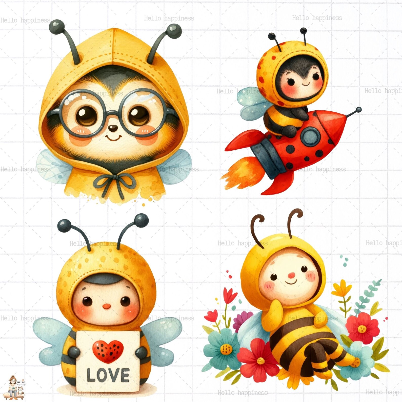 Cute Little Bee, Little Bee Clipart, Watercolor Animals Illustrations ...