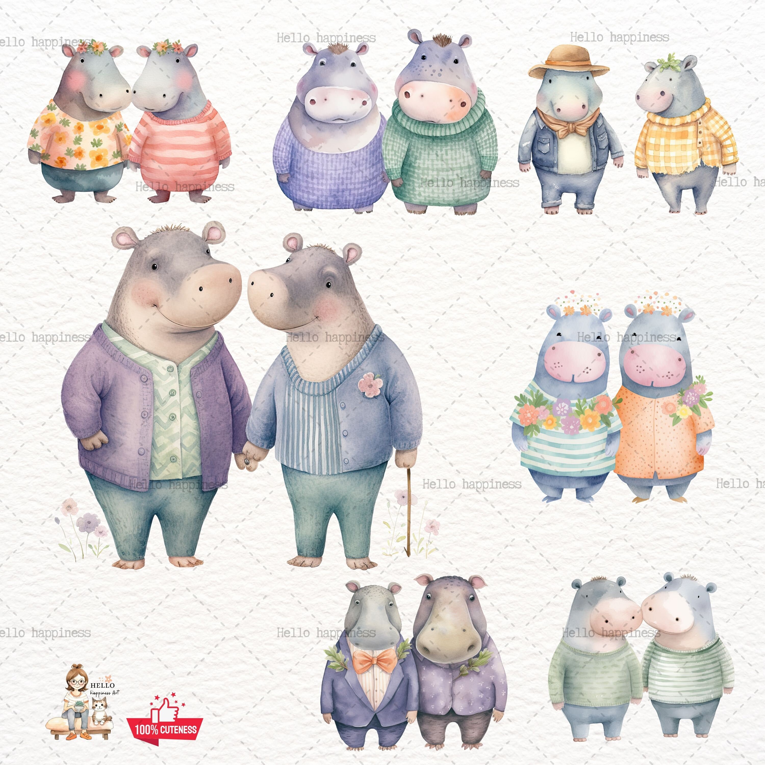 Hippo Png Watercolor Cute Hippopotamus Clipart Romantic - Etsy