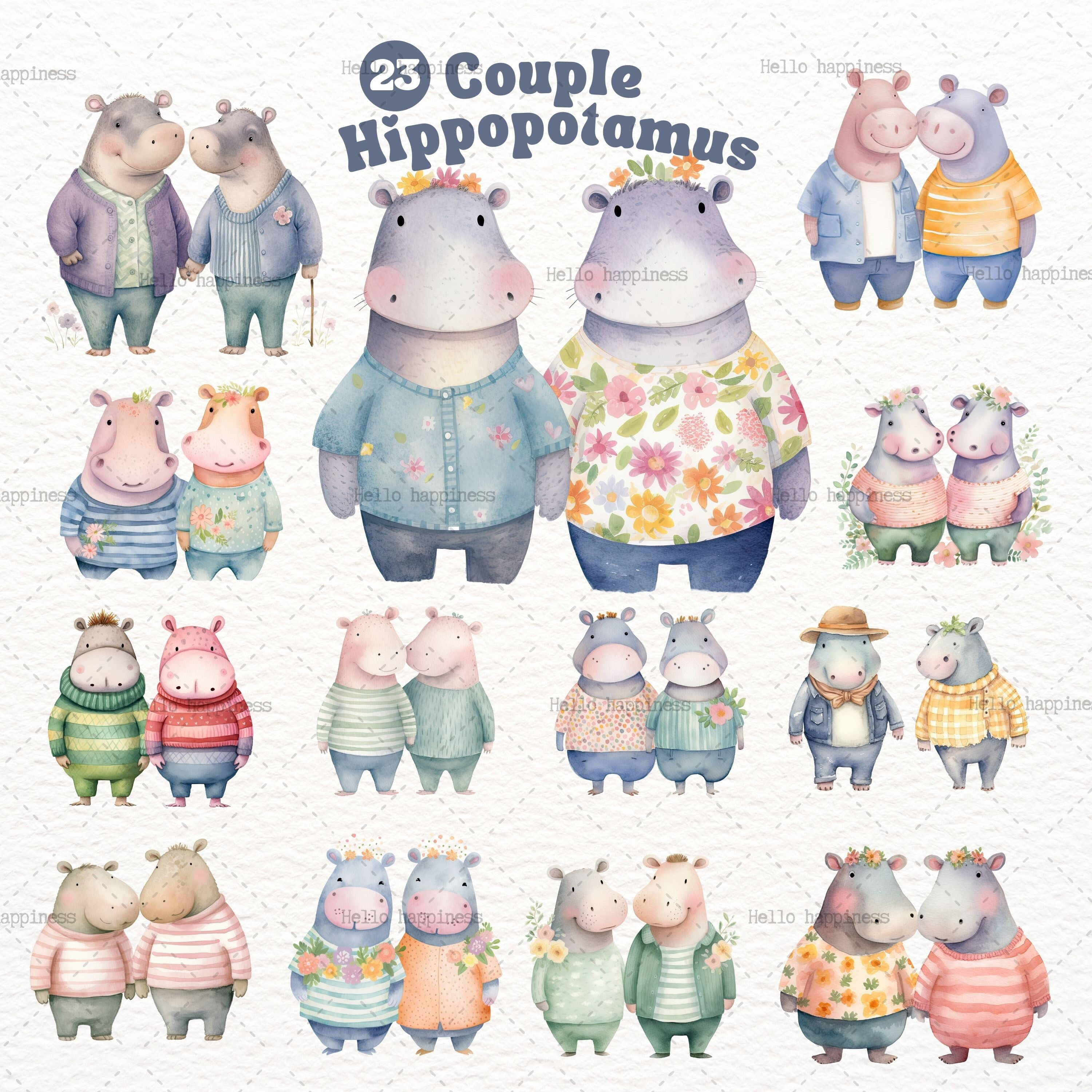 Hippo Png Watercolor Cute Hippopotamus Clipart Romantic - Etsy