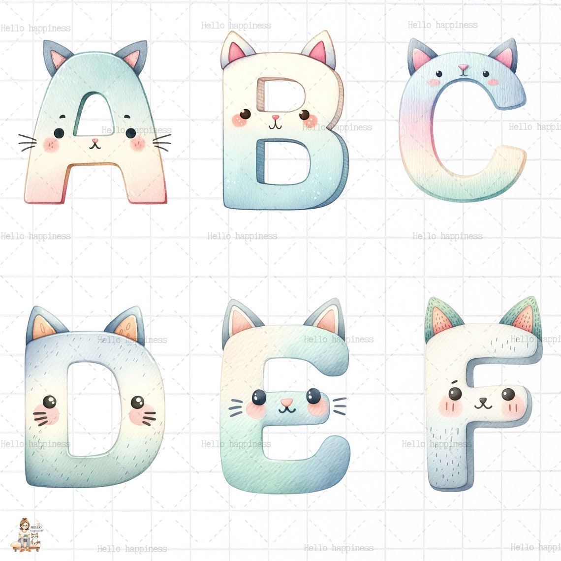 Alphabet Cat Face Clipart, Cute Cat Letter ,watercolor Alphabet, Number ...