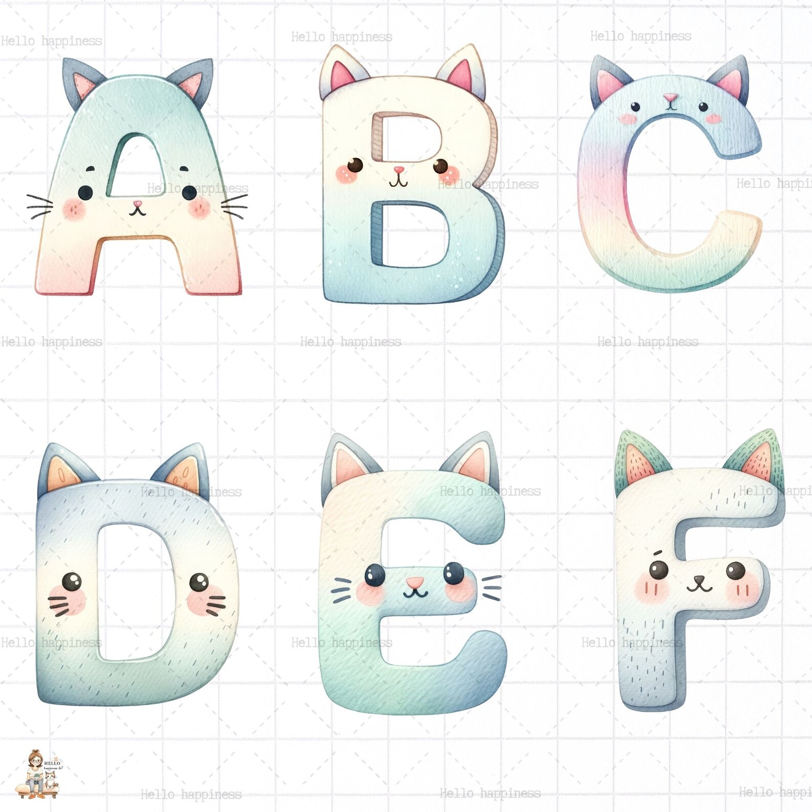Alphabet Cat Face Clipart, Cute Cat Letter ,watercolor Alphabet, Number ...