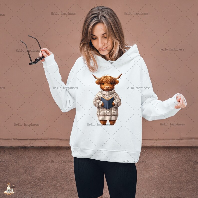 Highland Cow Read a Book, Little Cow With Book,watercolor Highland Cow ...