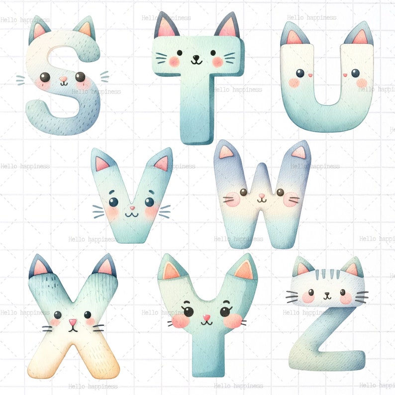 Alphabet Cat Face Clipart, Cute Cat Letter ,watercolor Alphabet, Number ...