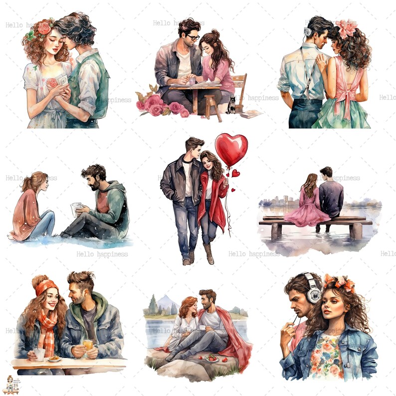 Couple 90's Style, Vintage Couple Clipart, Valentine Day, Watercolor ...