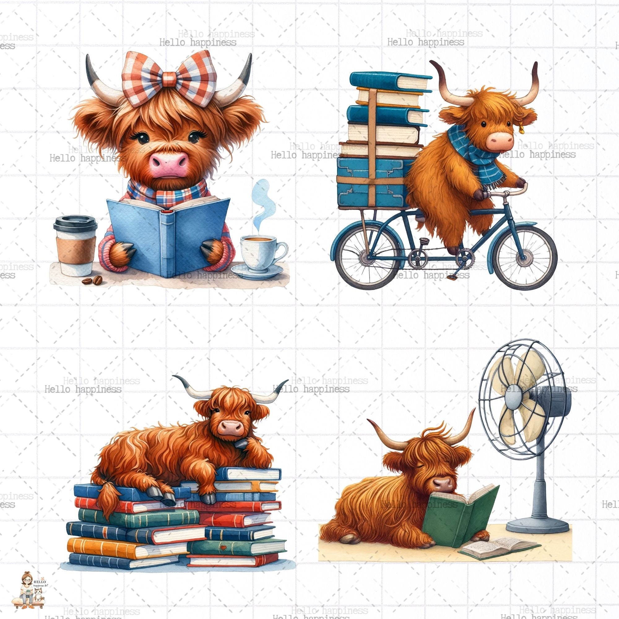 Highland Cow Read a Book, Little Cow With Book,watercolor Highland Cow ...