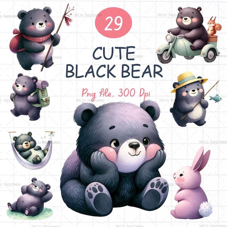 Cute Black Bear, Little Bear Clipart, Watercolor Animals Illustrations ...