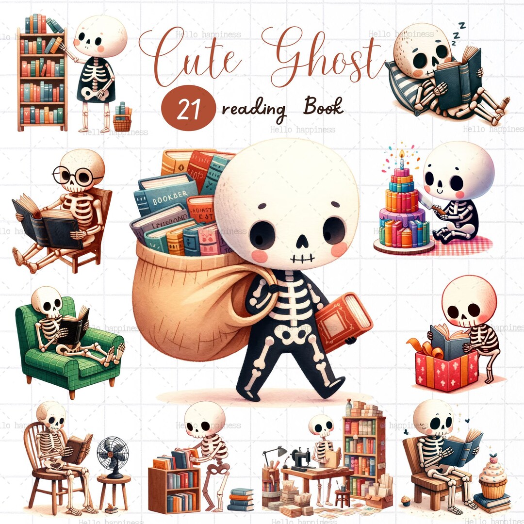 Cute Ghost Reading Book, Spooky Skeleton Reading Halloween Story ...