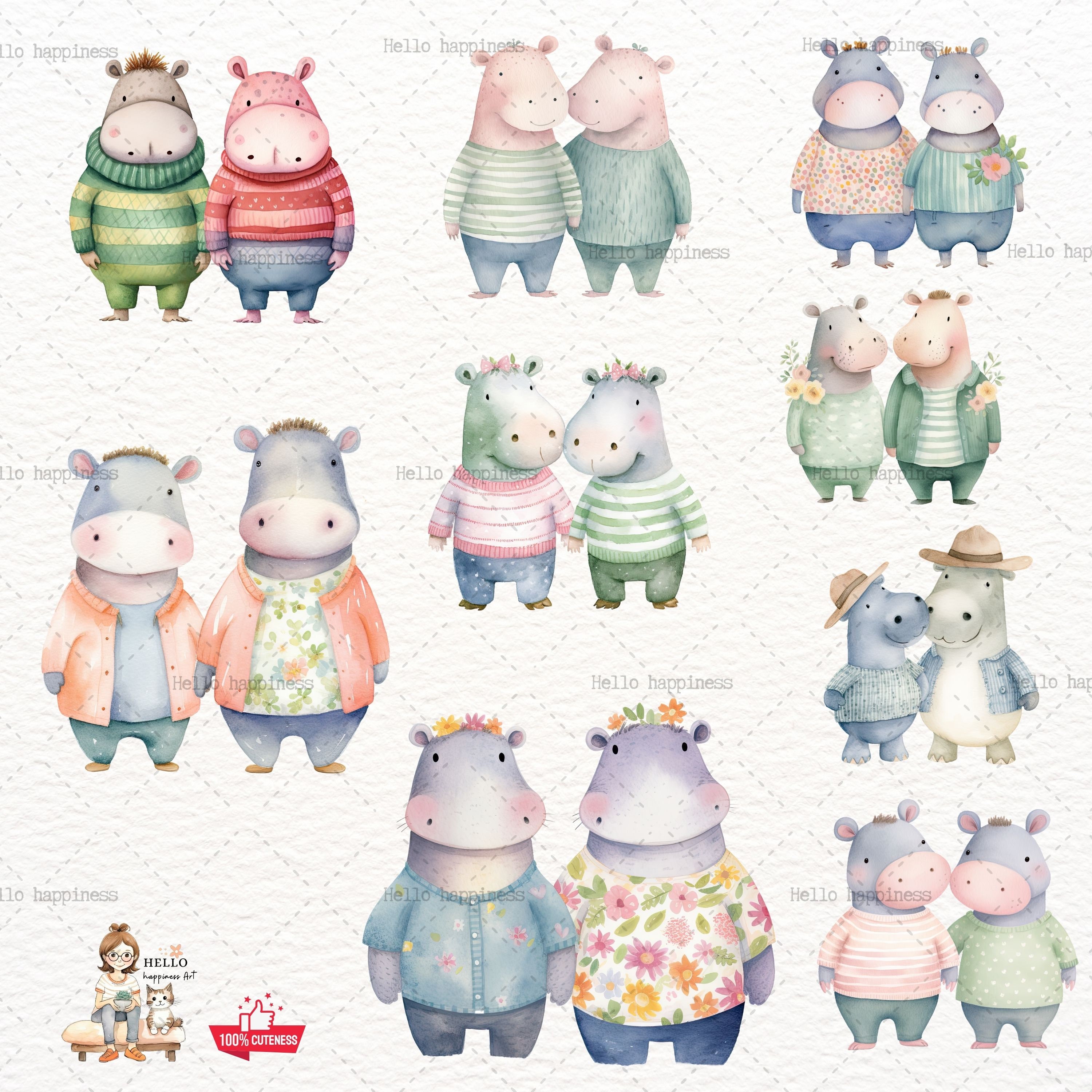 Hippo Png Watercolor Cute Hippopotamus Clipart Romantic - Etsy