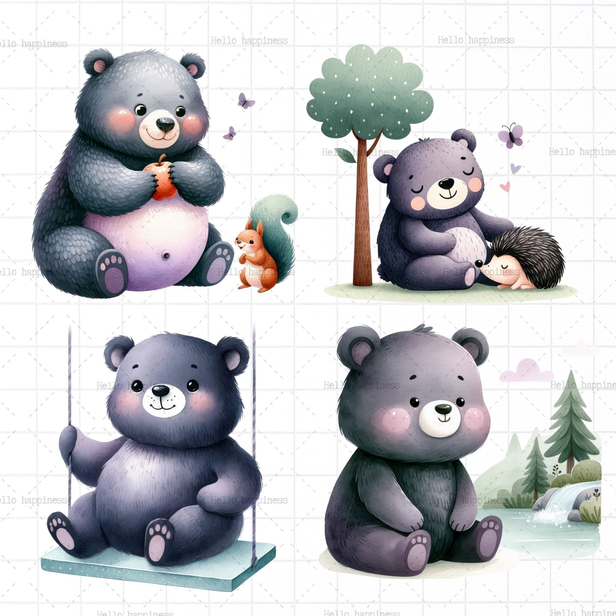 Cute Black Bear, Little Bear Clipart, Watercolor Animals Illustrations ...
