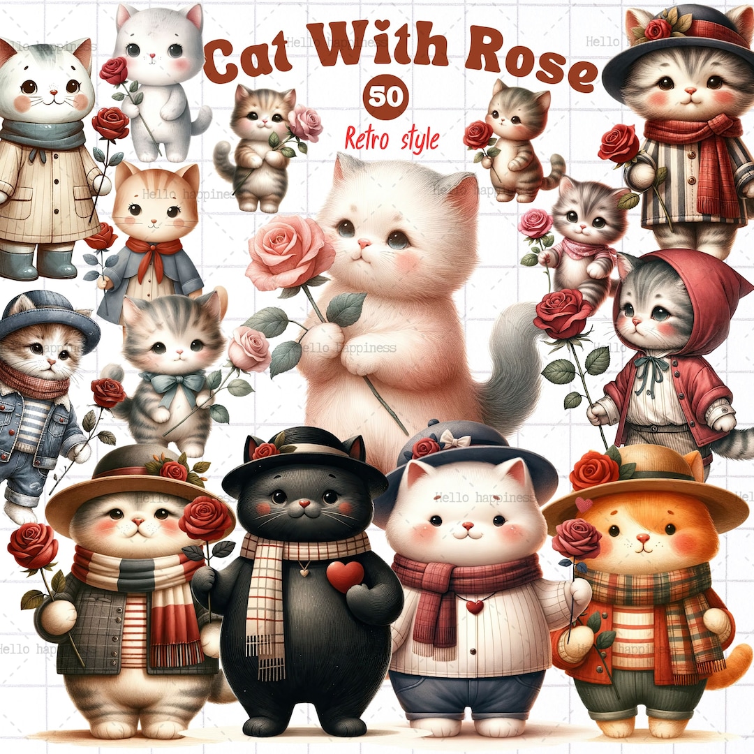 Cats Retro Clipart, Cat With Rose PNG, Cute Cats PNG, Cat Valentine ...